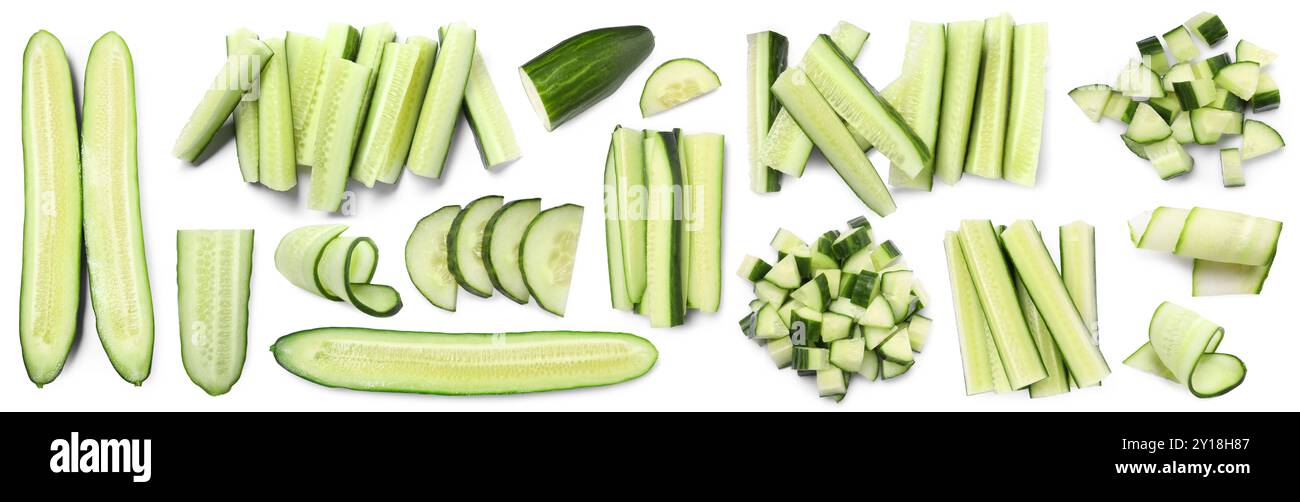 Fresh cucumbers isolated on white, collage. Different types of cuts ...