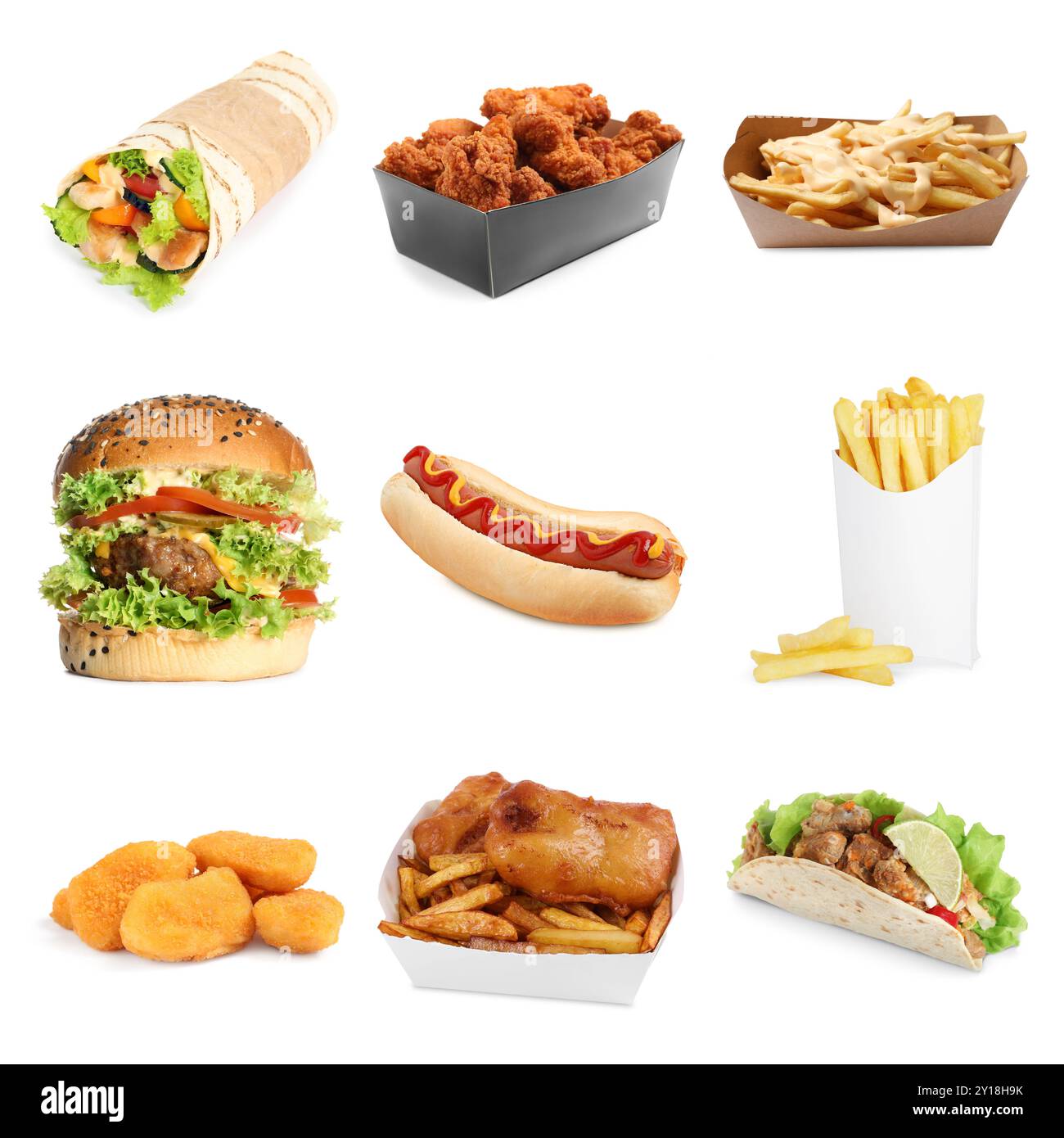 Different tasty fast food isolated on white, collection Stock Photo - Alamy