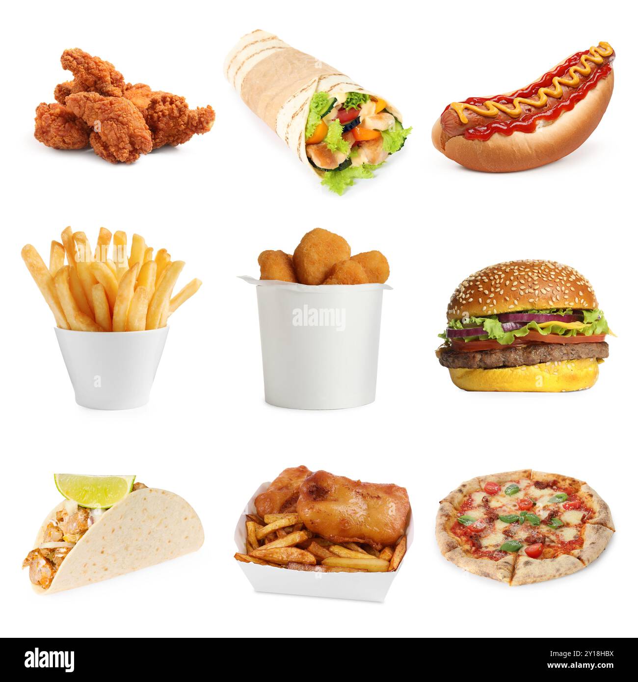 Different tasty fast food isolated on white, collection Stock Photo - Alamy