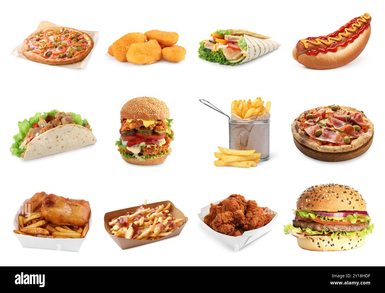 Different tasty fast food isolated on white, collection Stock Photo - Alamy