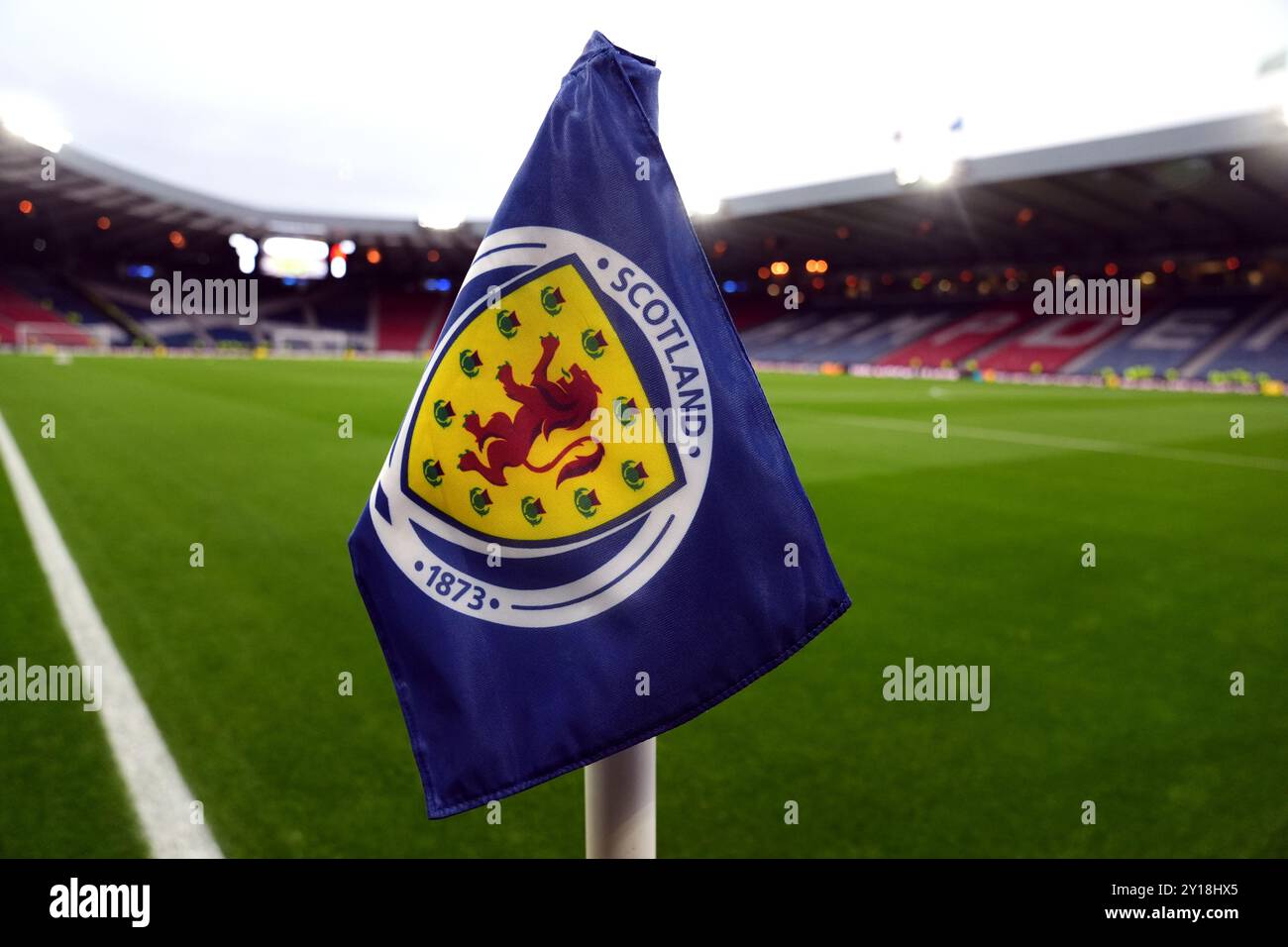 A general view of an SFA branded corner flag at at Hampden Park ...