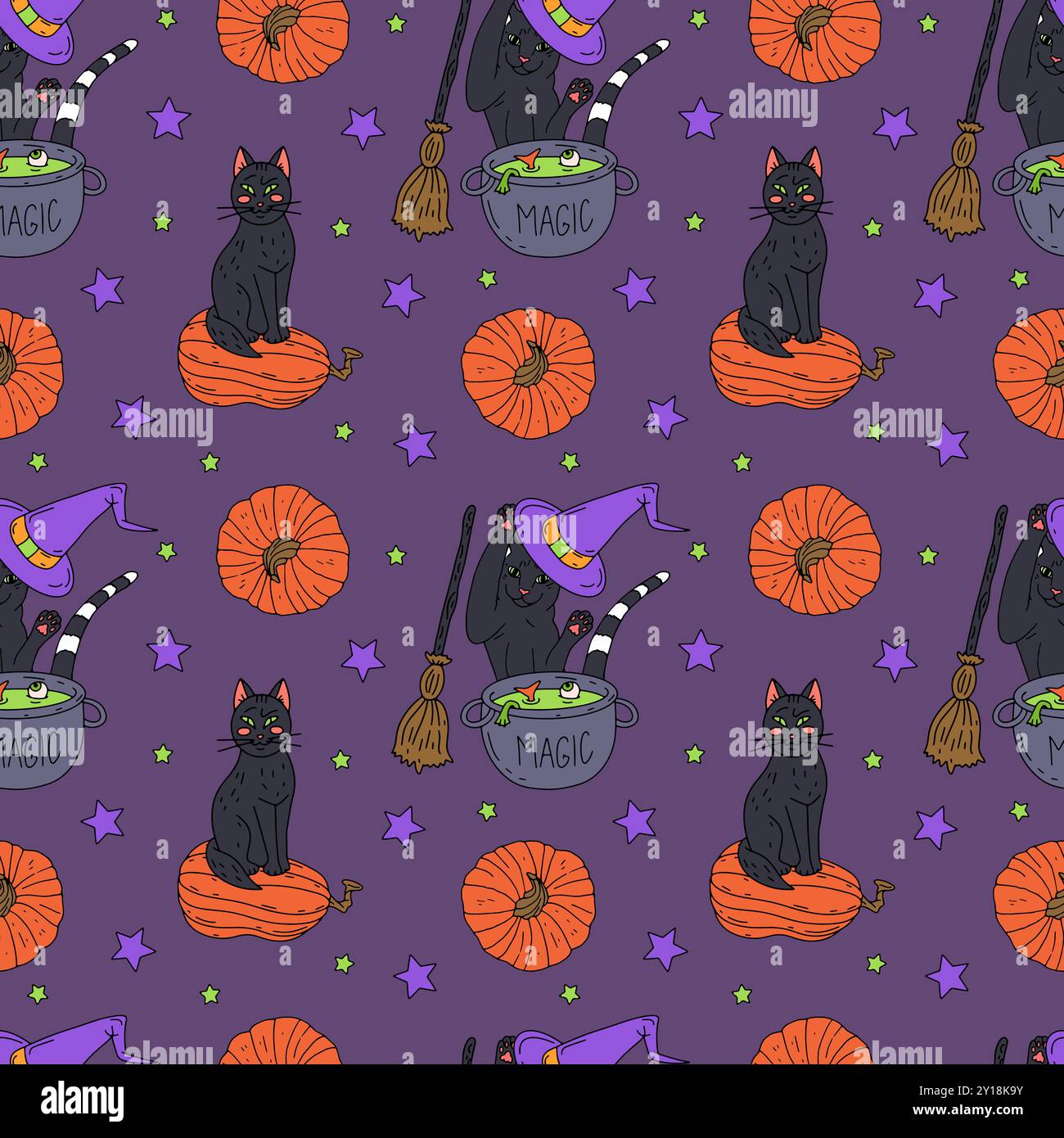 Seamless pattern with cute hand drawn Halloween witchy cats making ...