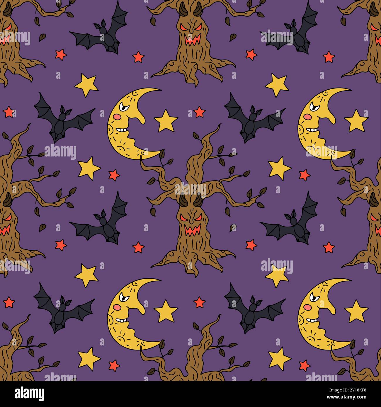 Seamless pattern with cute hand drawn Halloween evil forest trees and ...