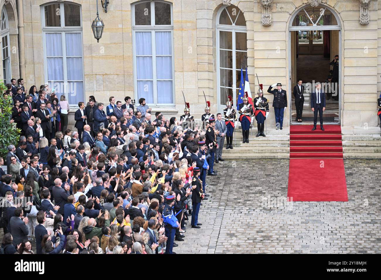 French outgoing Prime Minister Gabriel Attal during the handover ...