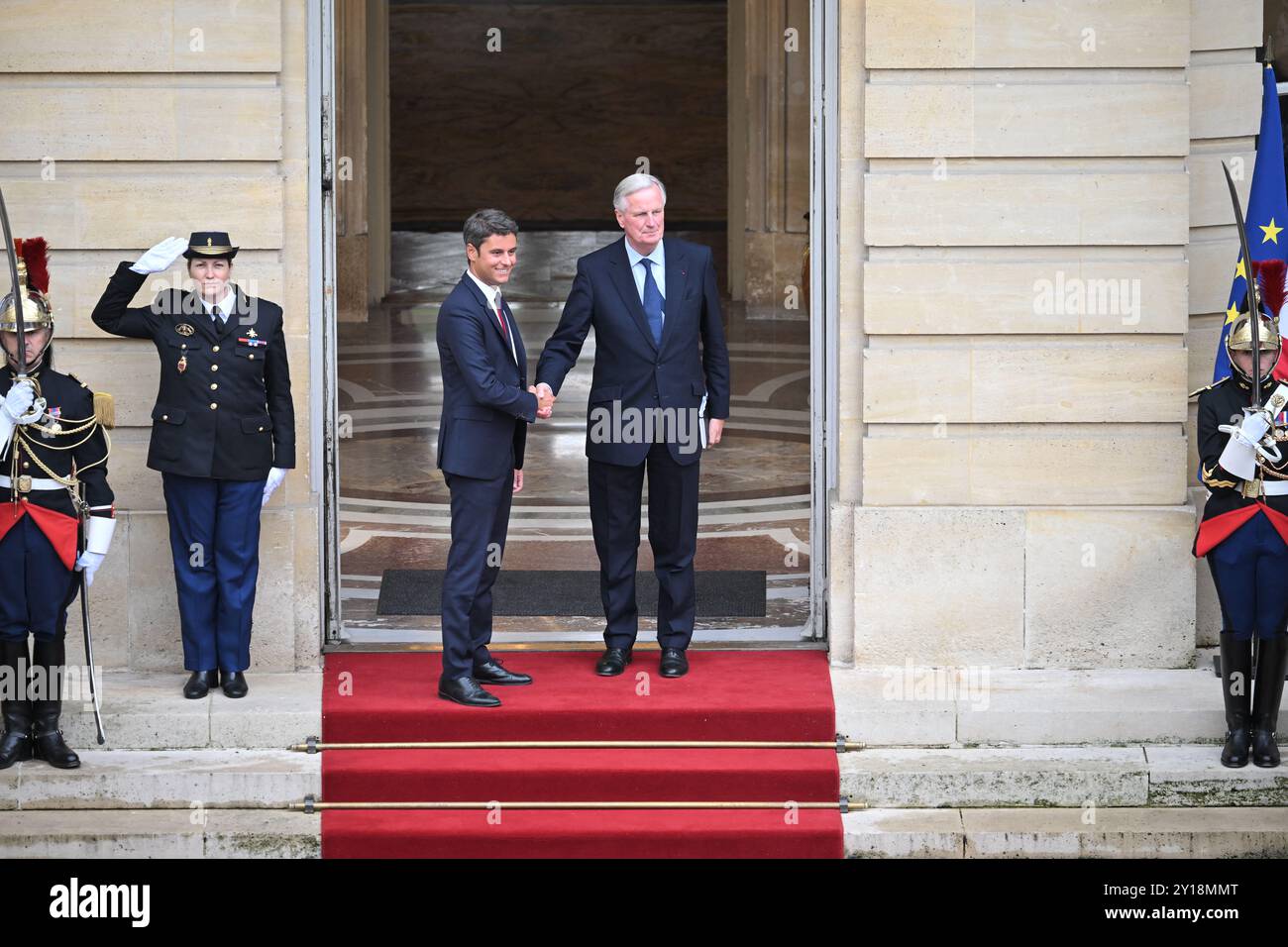 French outgoing Prime Minister Gabriel Attal and her successor Michel ...