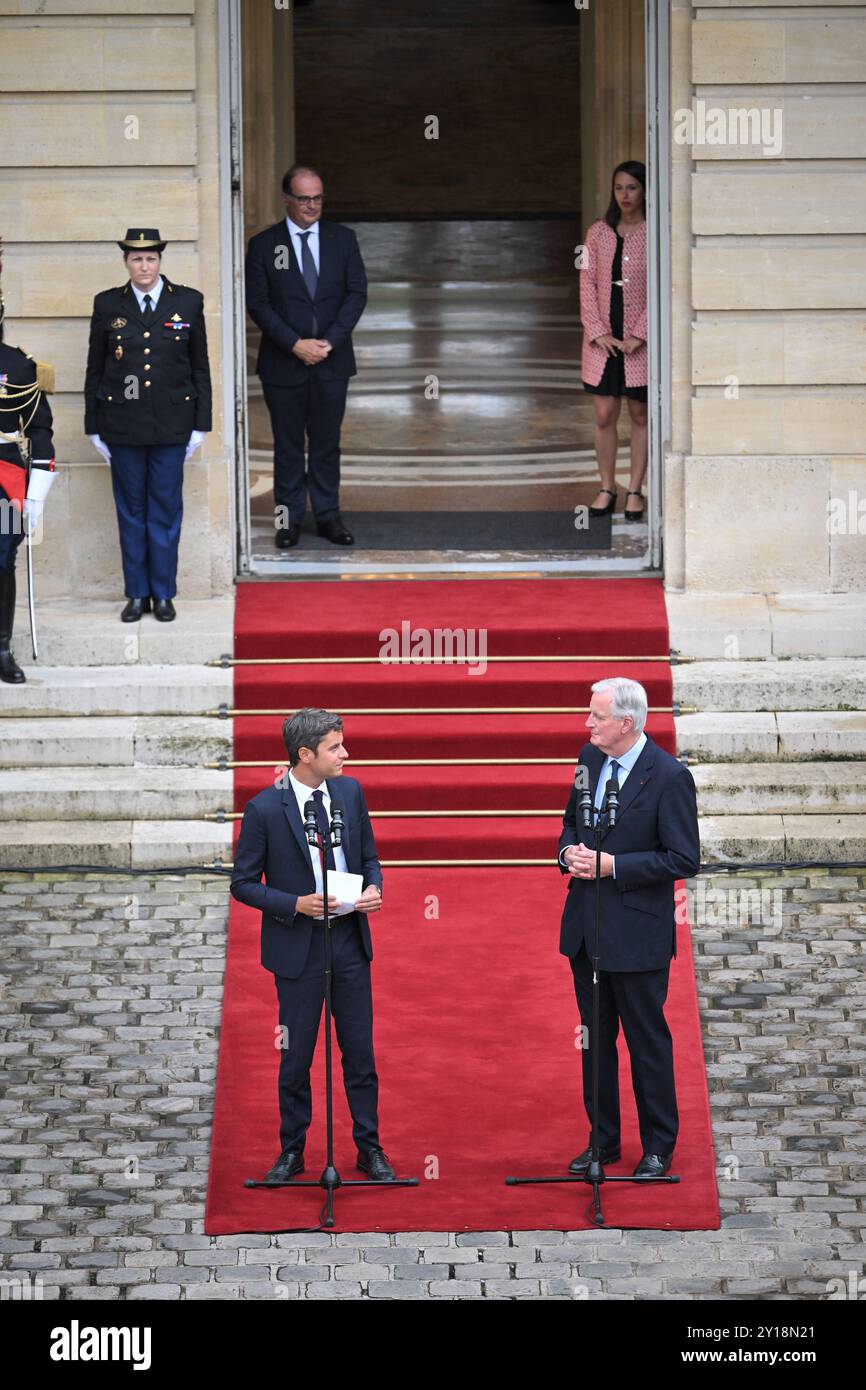 French outgoing Prime Minister Gabriel Attal and her successor Michel ...