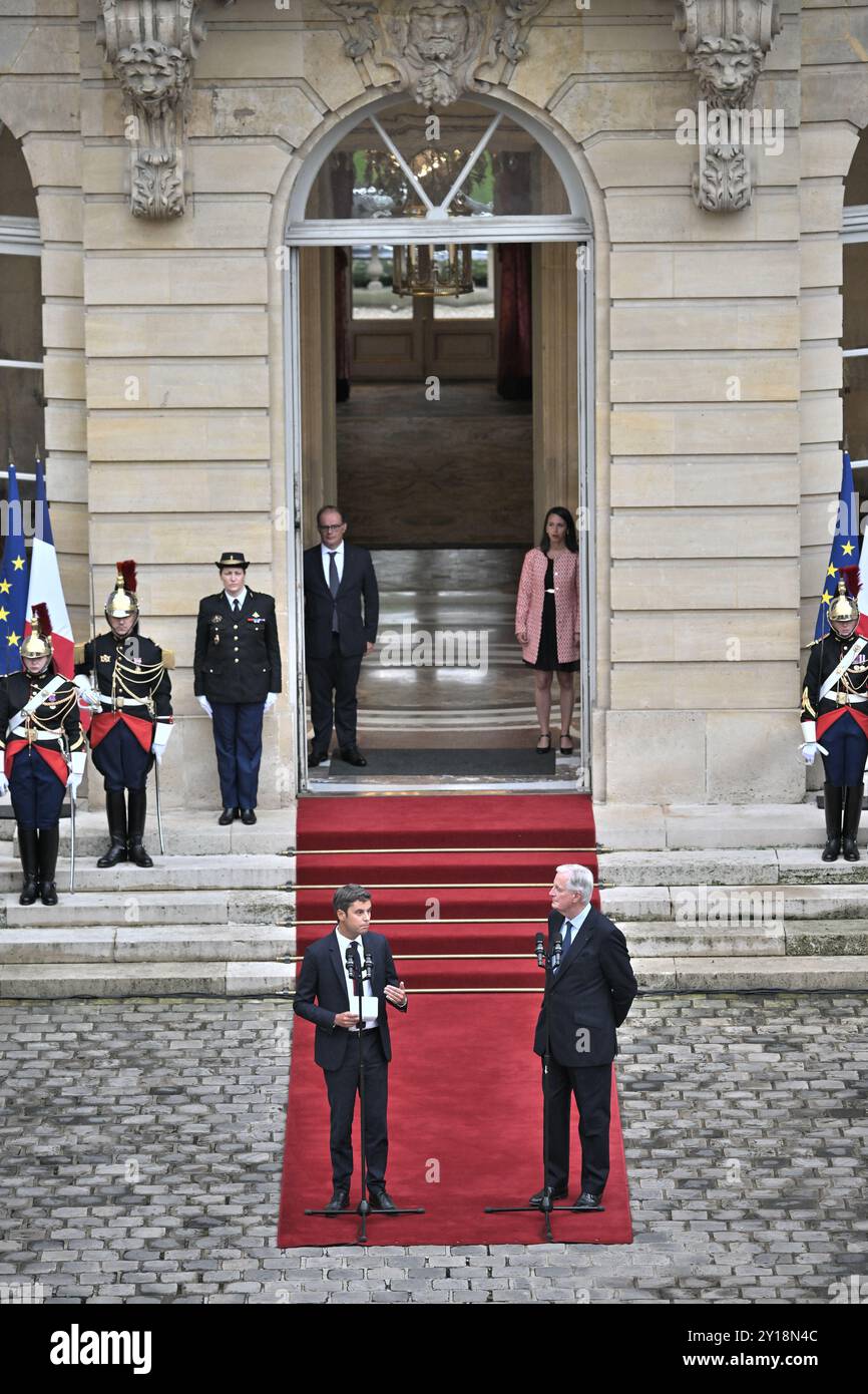 French outgoing Prime Minister Gabriel Attal and her successor Michel ...