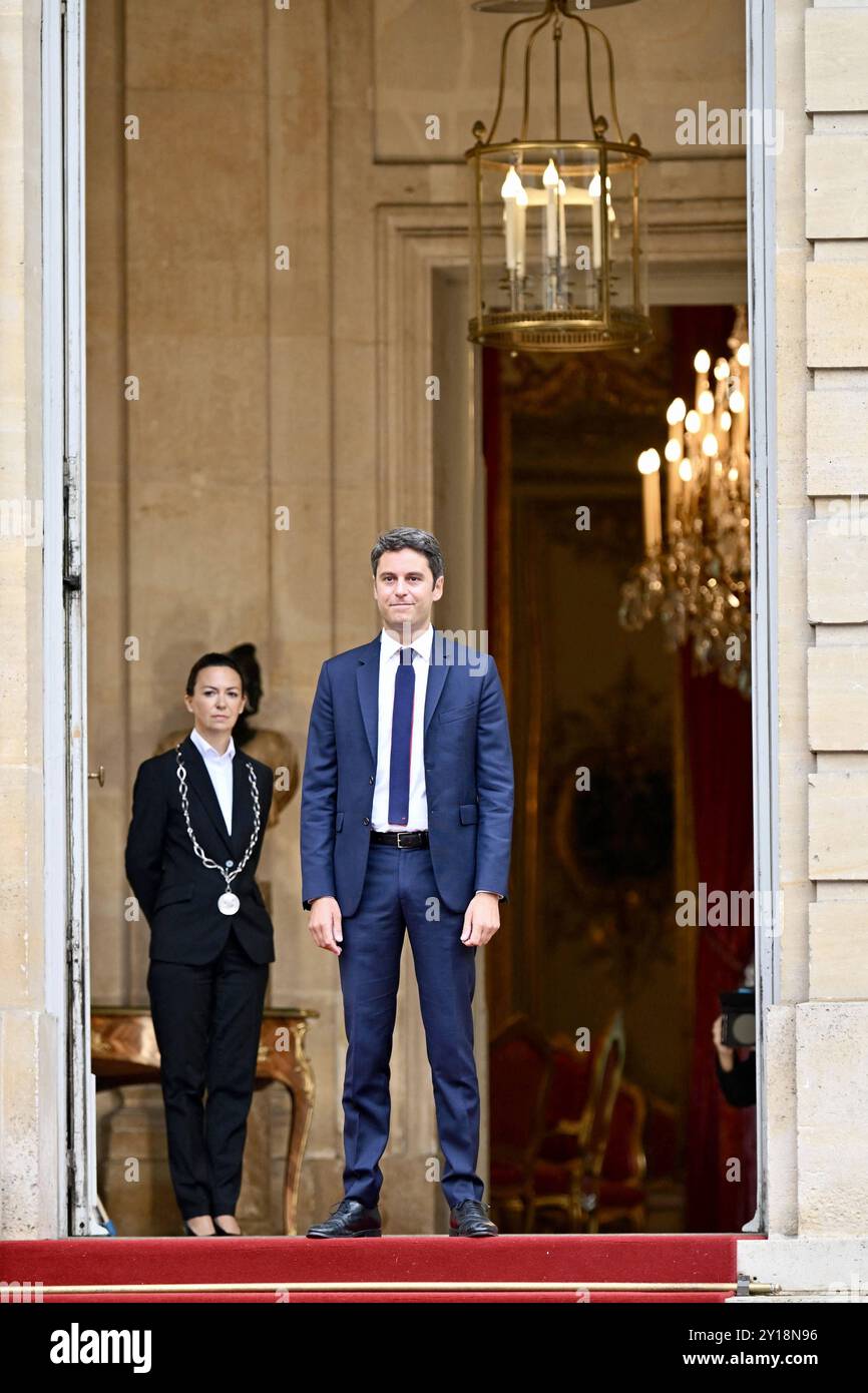 French outgoing Prime Minister Gabriel Attal during the handover ...
