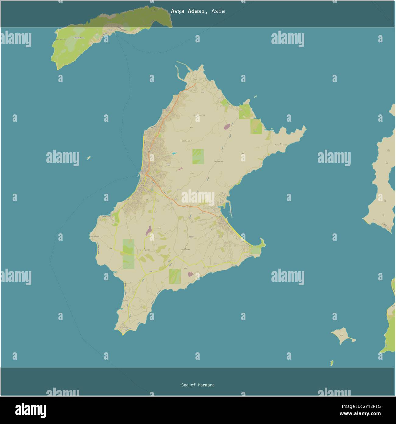Avsa Adas in the Sea of Marmara, belonging to Turkiye, cropped to square on a topographic, OSM ...