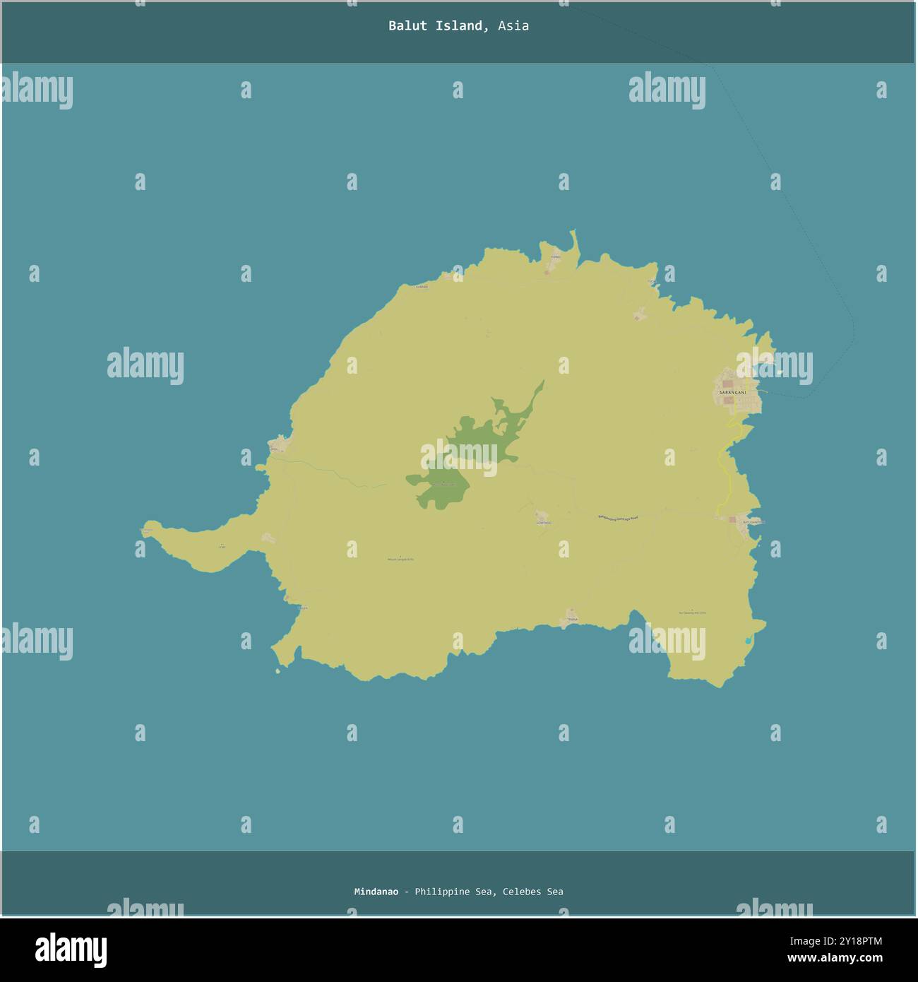 Balut Island in the Celebes Sea, belonging to Philippines, cropped to square on a topographic ...
