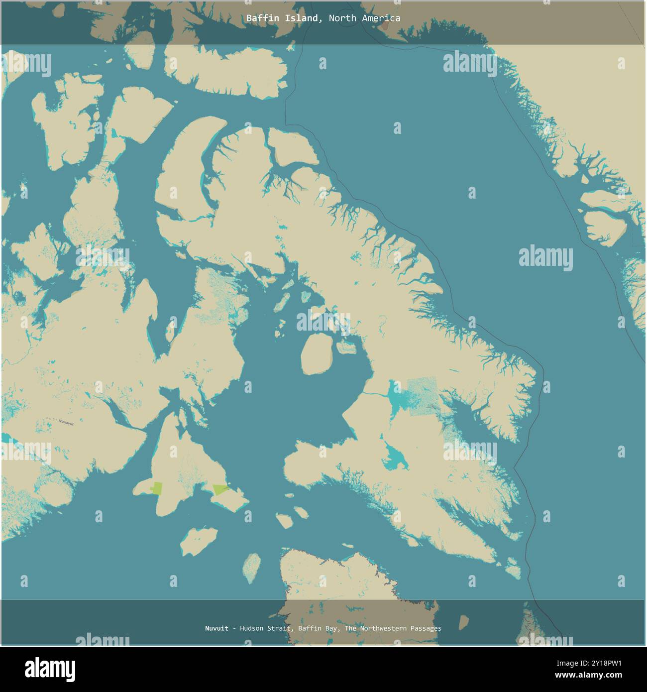Baffin Island in the Baffin Bay, belonging to Canada, cropped to square on a topographic, OSM ...