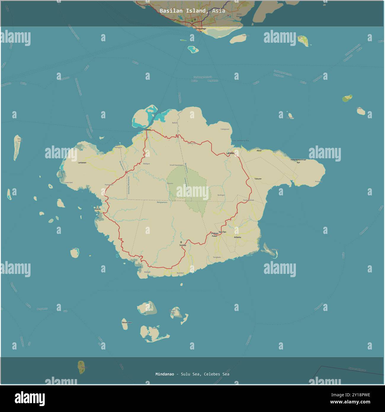 Basilan Island in the Sulu Sea, belonging to Philippines, cropped to square on a topographic ...