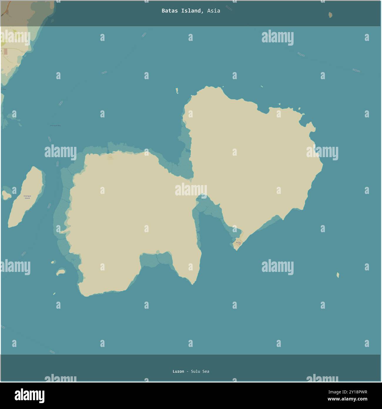 Batas Island in the Sulu Sea, belonging to Philippines, cropped to square on a topographic, OSM ...