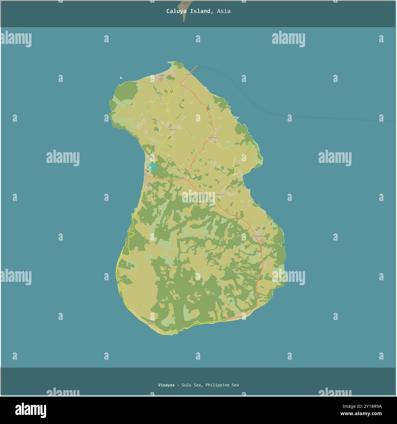 Caluya Island in the Sulu Sea, belonging to Philippines, cropped to square on a topographic, OSM ...