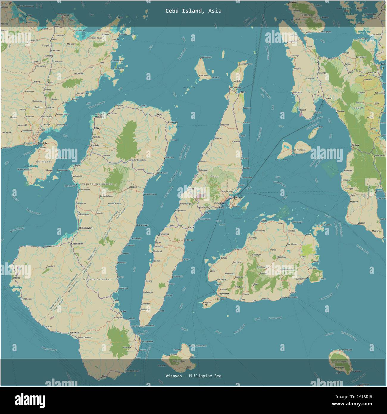 Cebu Island in the Philippine Sea, belonging to Philippines, cropped to square on a topographic ...