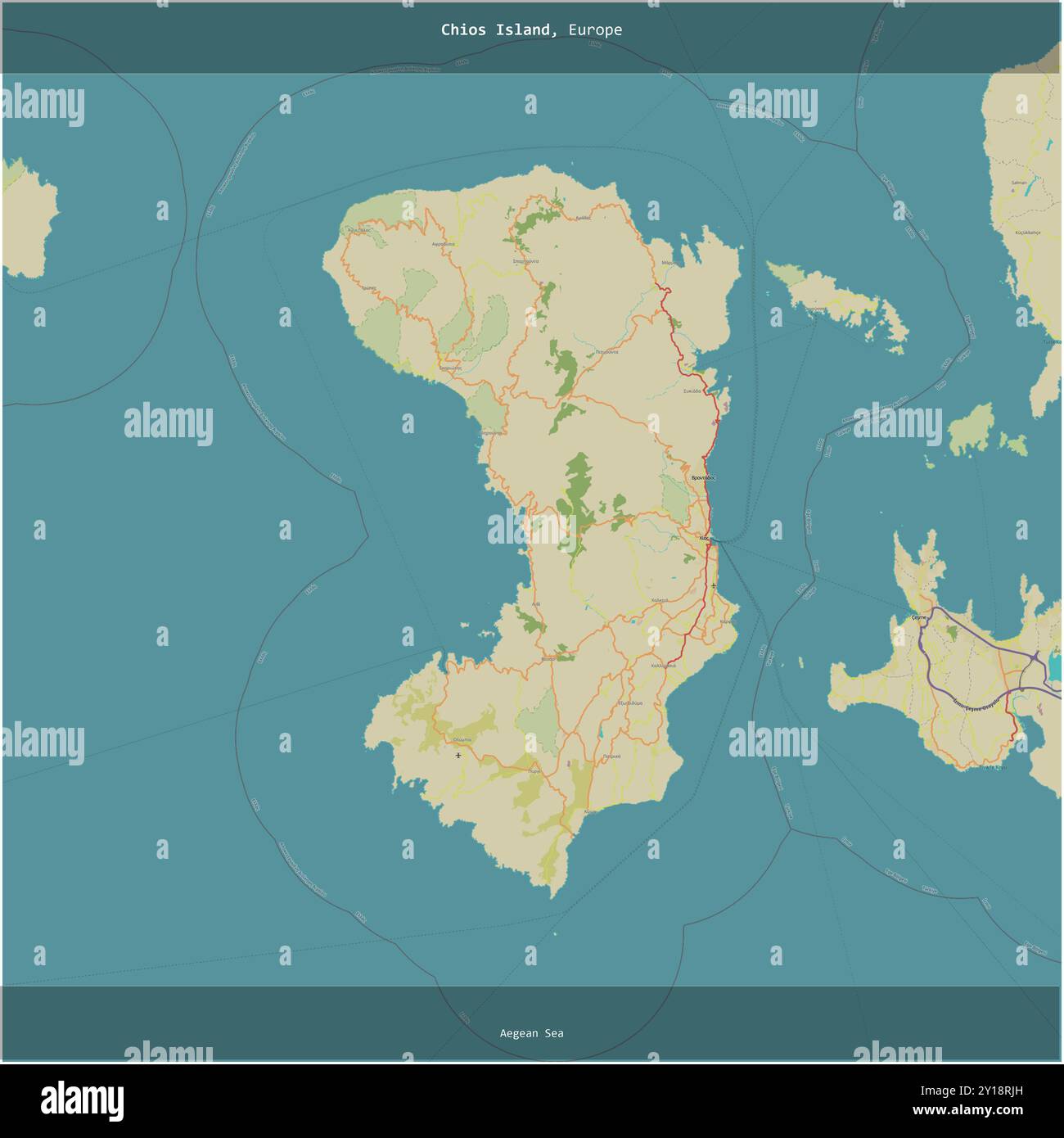 Chios Island in the Aegean Sea, belonging to Greece, cropped to square on a topographic, OSM ...