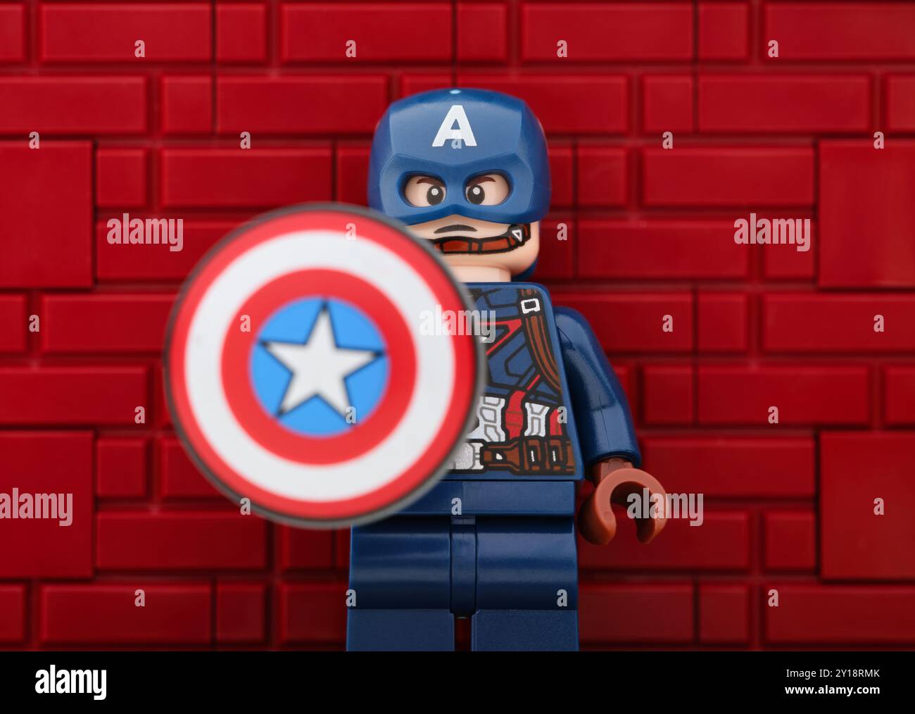 Tambov, Russian Federation - August 23, 2024 Portrait of Lego Captain ...