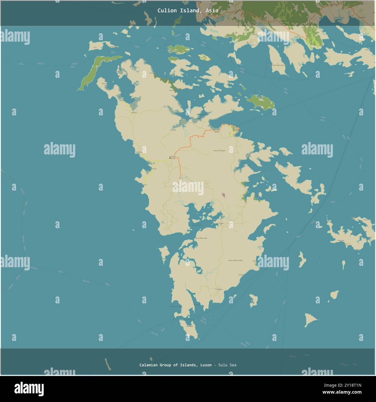Culion Island in the Sulu Sea, belonging to Philippines, cropped to square on a topographic, OSM ...