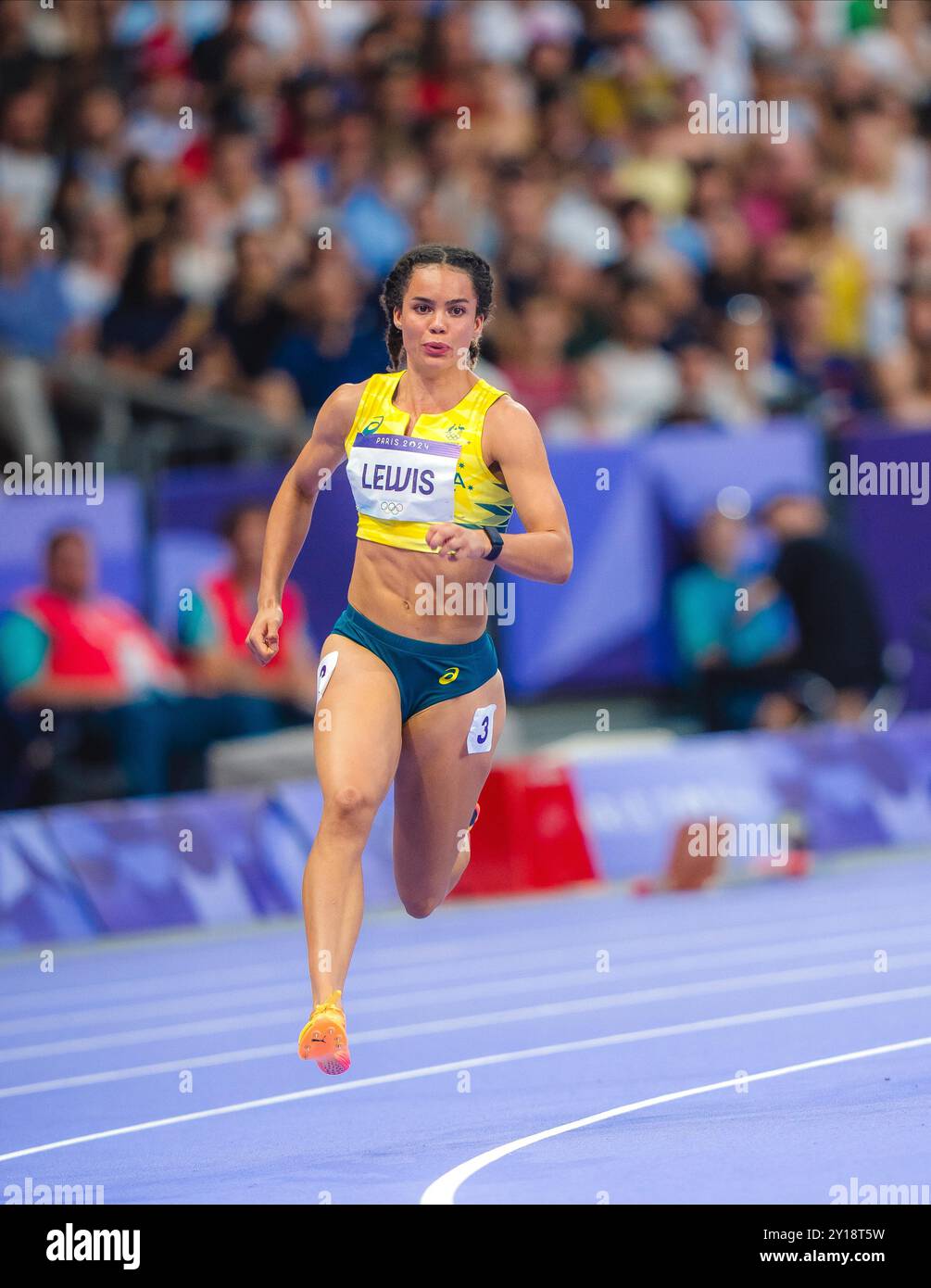 Torrie Lewis participating in the 200 meters at the Paris 2024 Olympic ...