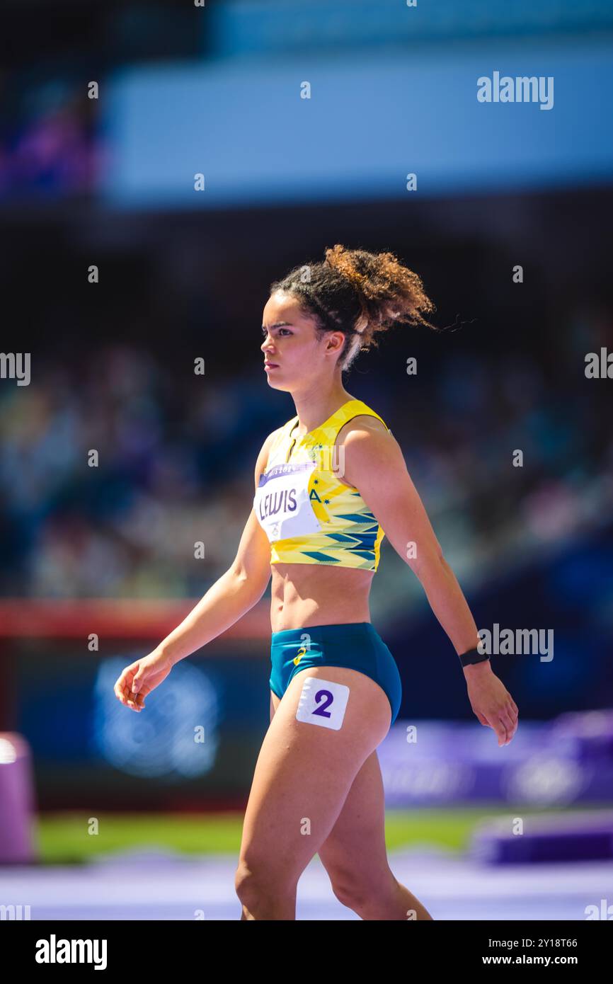Torrie Lewis participating in the 200 meters at the Paris 2024 Olympic ...