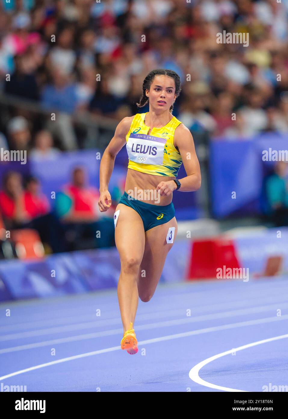 Torrie Lewis participating in the 200 meters at the Paris 2024 Olympic ...