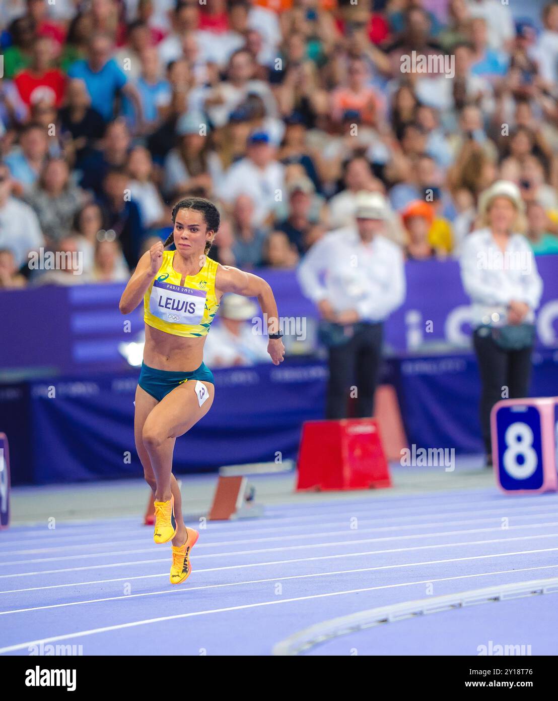 Torrie Lewis participating in the 200 meters at the Paris 2024 Olympic ...