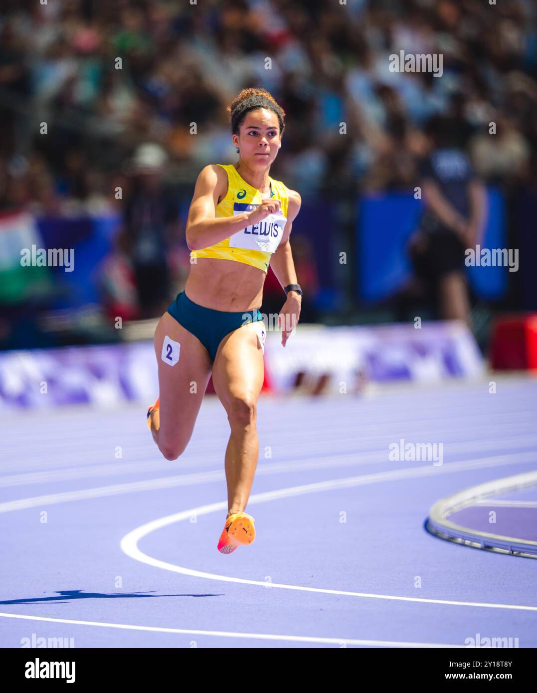 Torrie Lewis participating in the 200 meters at the Paris 2024 Olympic ...