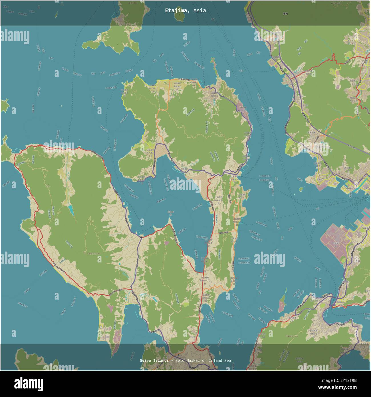 Etajima in the Seto Naikai or Inland Sea, belonging to Japan, cropped to square on a topographic ...