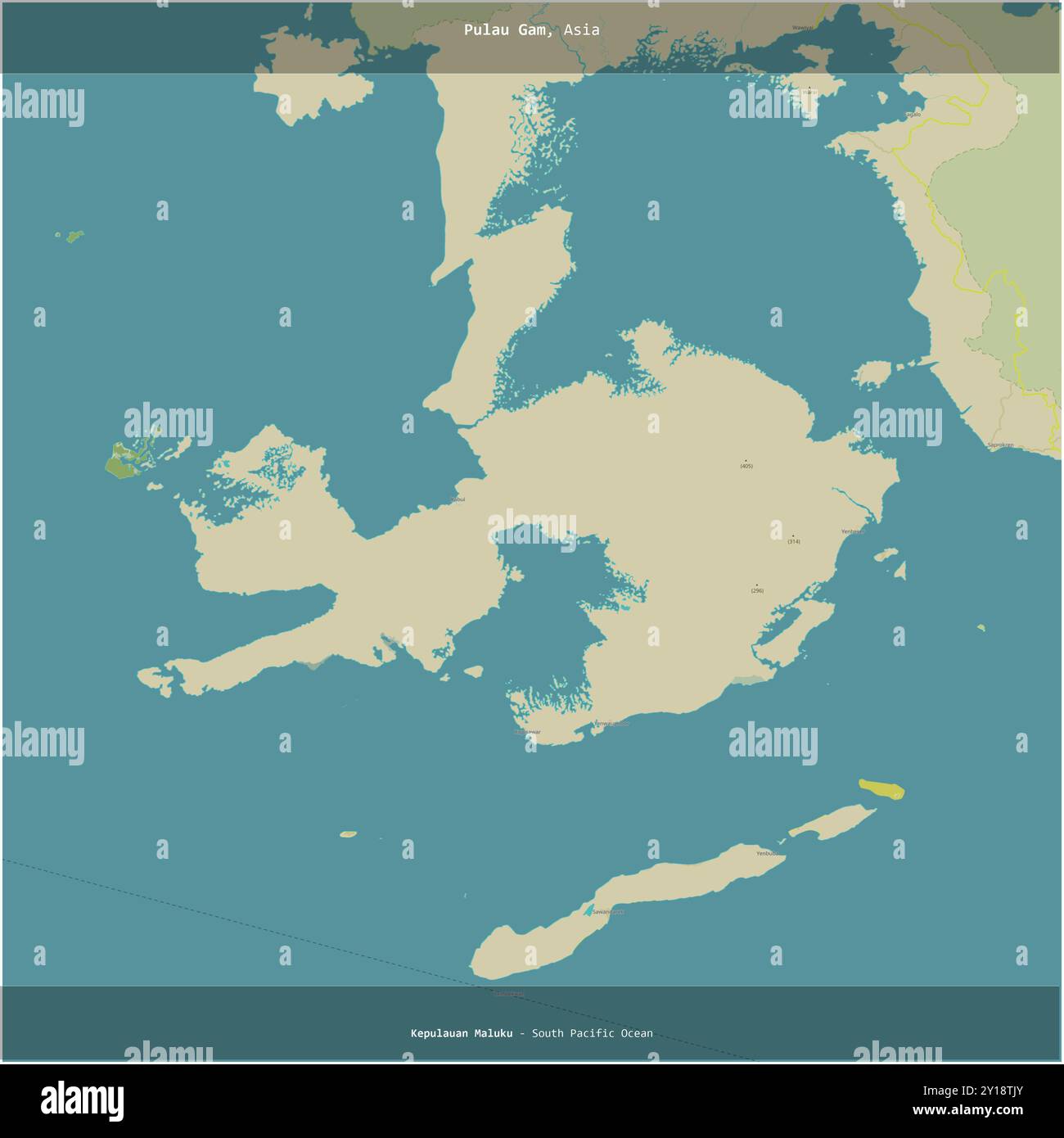 Pulau Gam in the South Pacific Ocean, belonging to Indonesia, cropped ...