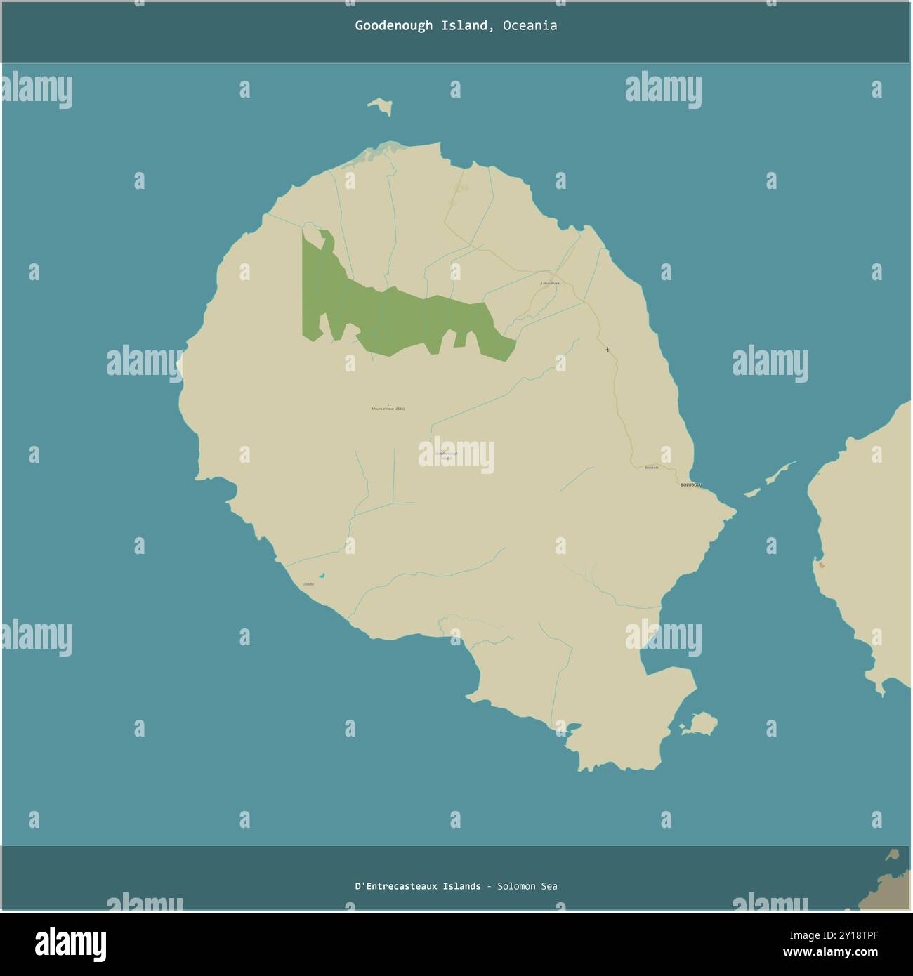 Goodenough Island in the Solomon Sea, belonging to Papua New Guinea, cropped to square on a ...