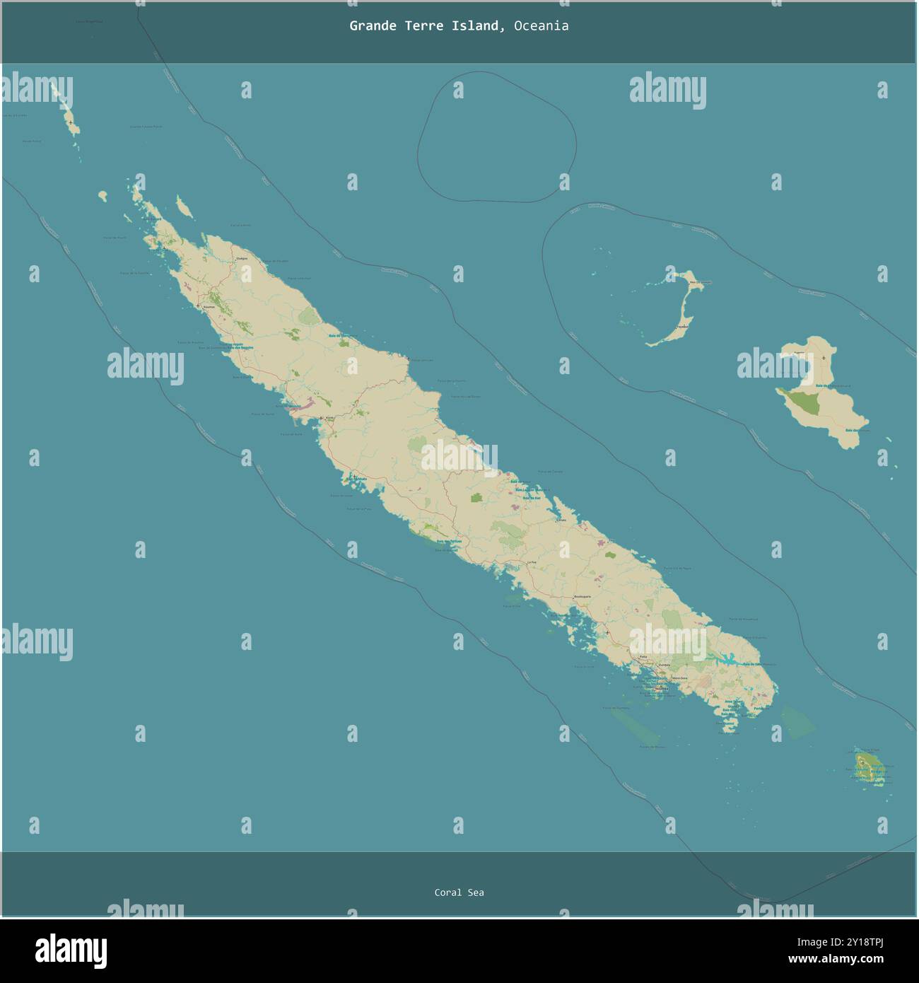 Grande Terre Island in the Coral Sea, belonging to France, cropped to ...