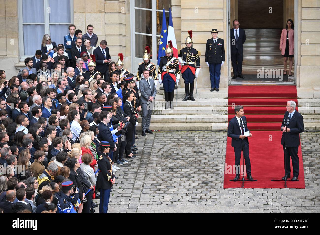 French outgoing Prime Minister Gabriel Attal and her successor Michel ...