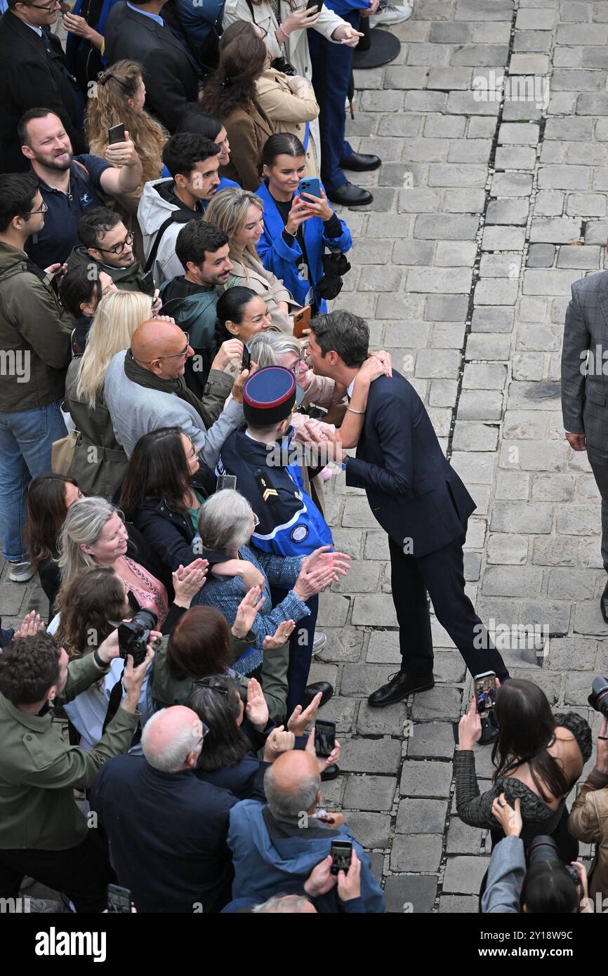 French outgoing Prime Minister Gabriel Attal during the handover ...