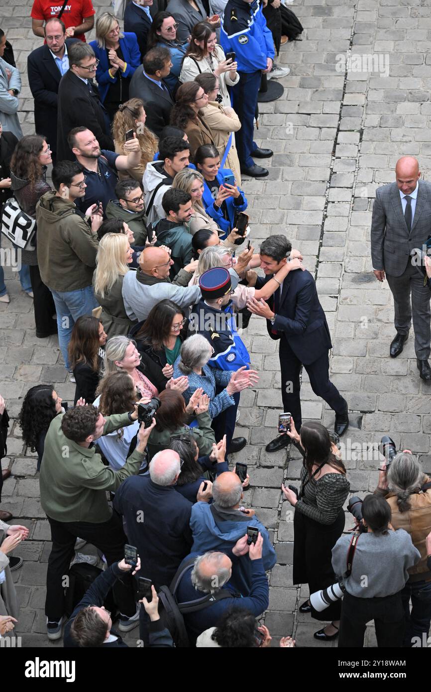 French outgoing Prime Minister Gabriel Attal during the handover ...