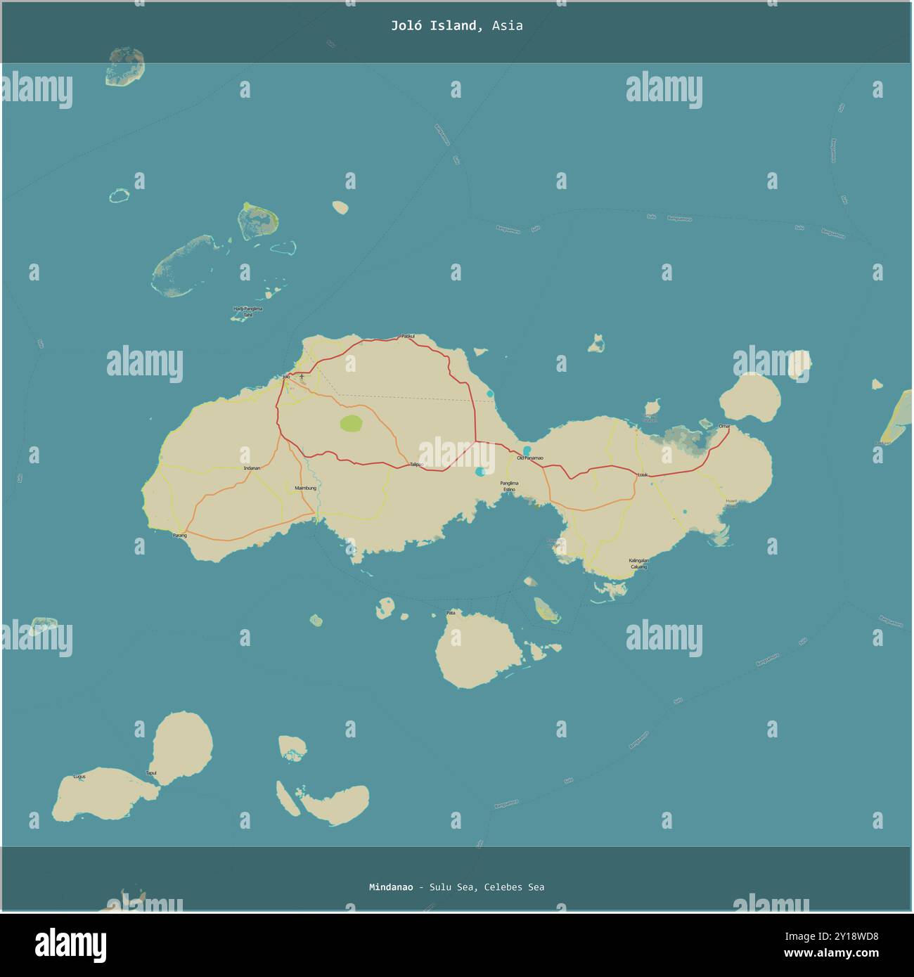 Jolo Island in the Sulu Sea, belonging to Philippines, cropped to square on a topographic, OSM ...