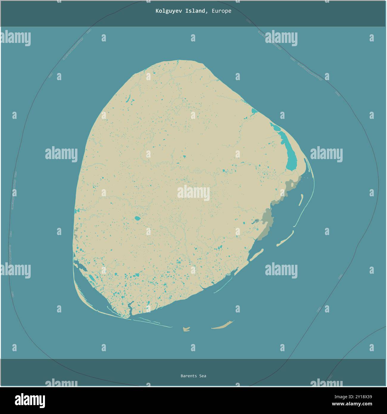 Kolguyev Island in the Barents Sea, belonging to Russia, cropped to square on a topographic, OSM ...
