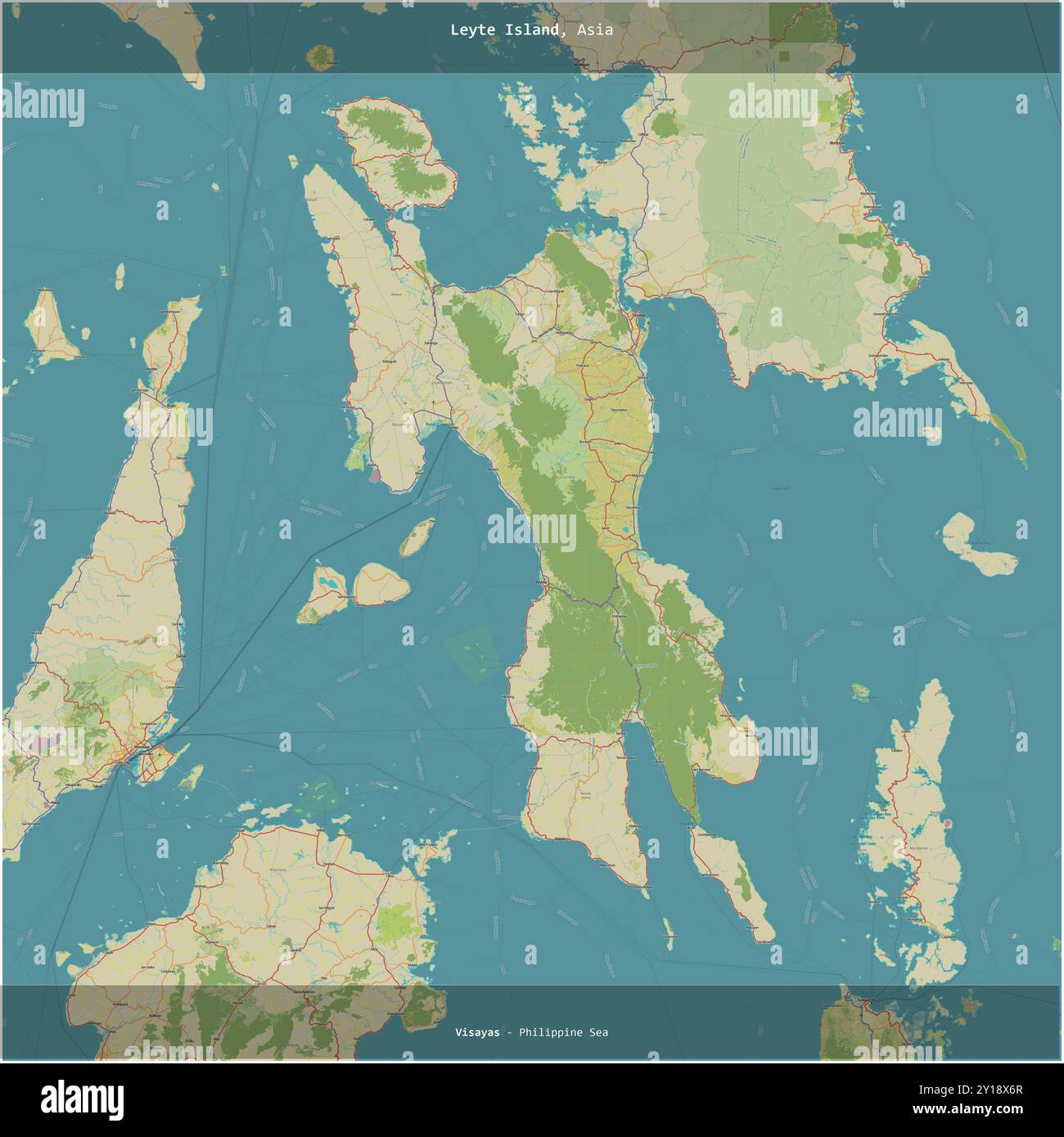 Leyte Island in the Philippine Sea, belonging to Philippines, cropped to square on a topographic ...