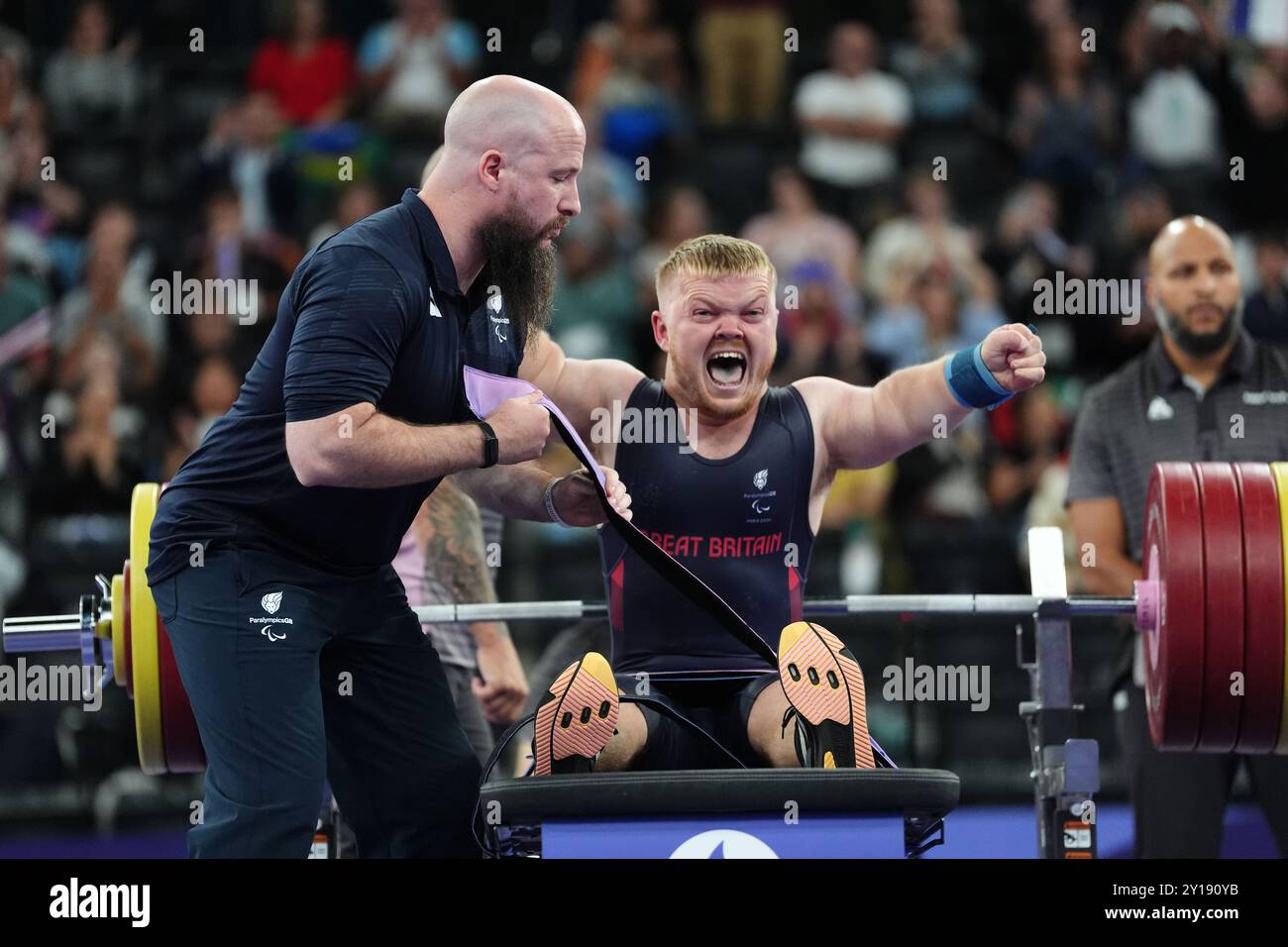 Great Britain’s Mark Swan celebrates after a successful lift during the ...