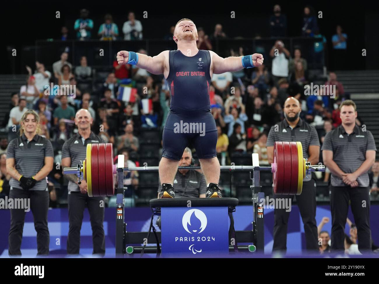 Great Britain’s Mark Swan celebrates after a successful lift during the ...