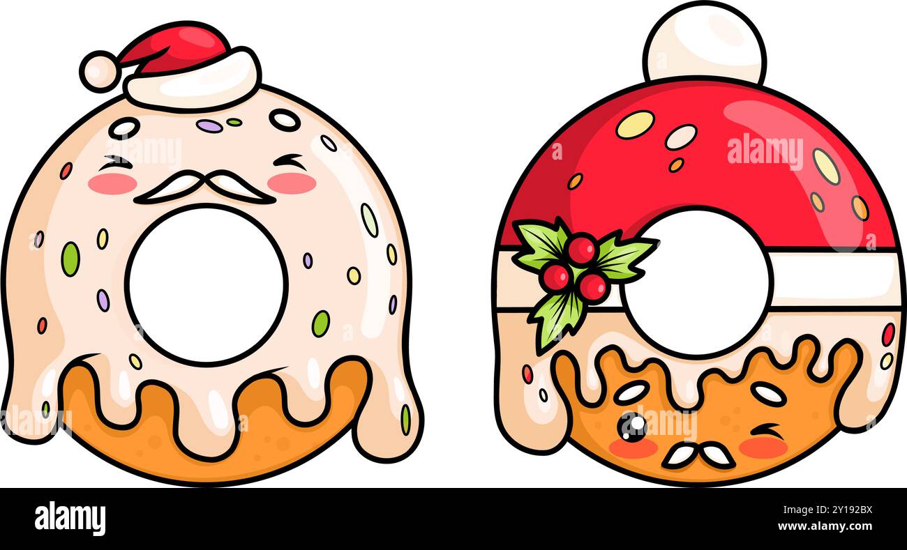 Christmas donut in Santa Claus with dripping glaze set. Isolated funny ...