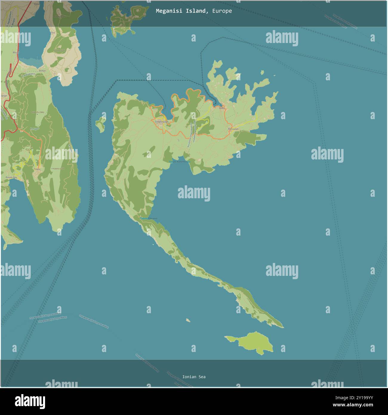 Meganisi Island in the Ionian Sea, belonging to Greece, cropped to ...