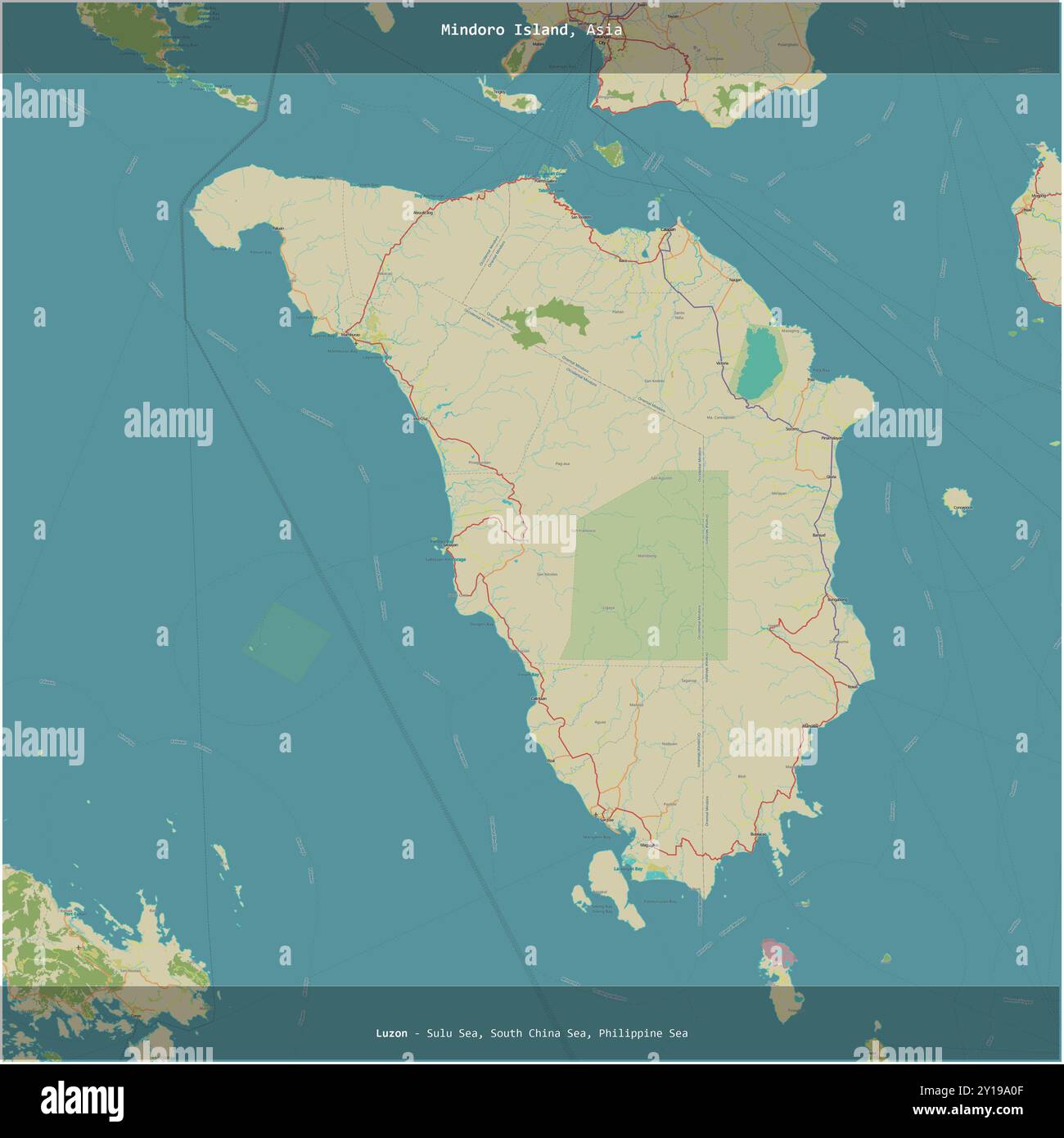 Mindoro Island in the Sulu Sea, belonging to Philippines, cropped to square on a topographic ...