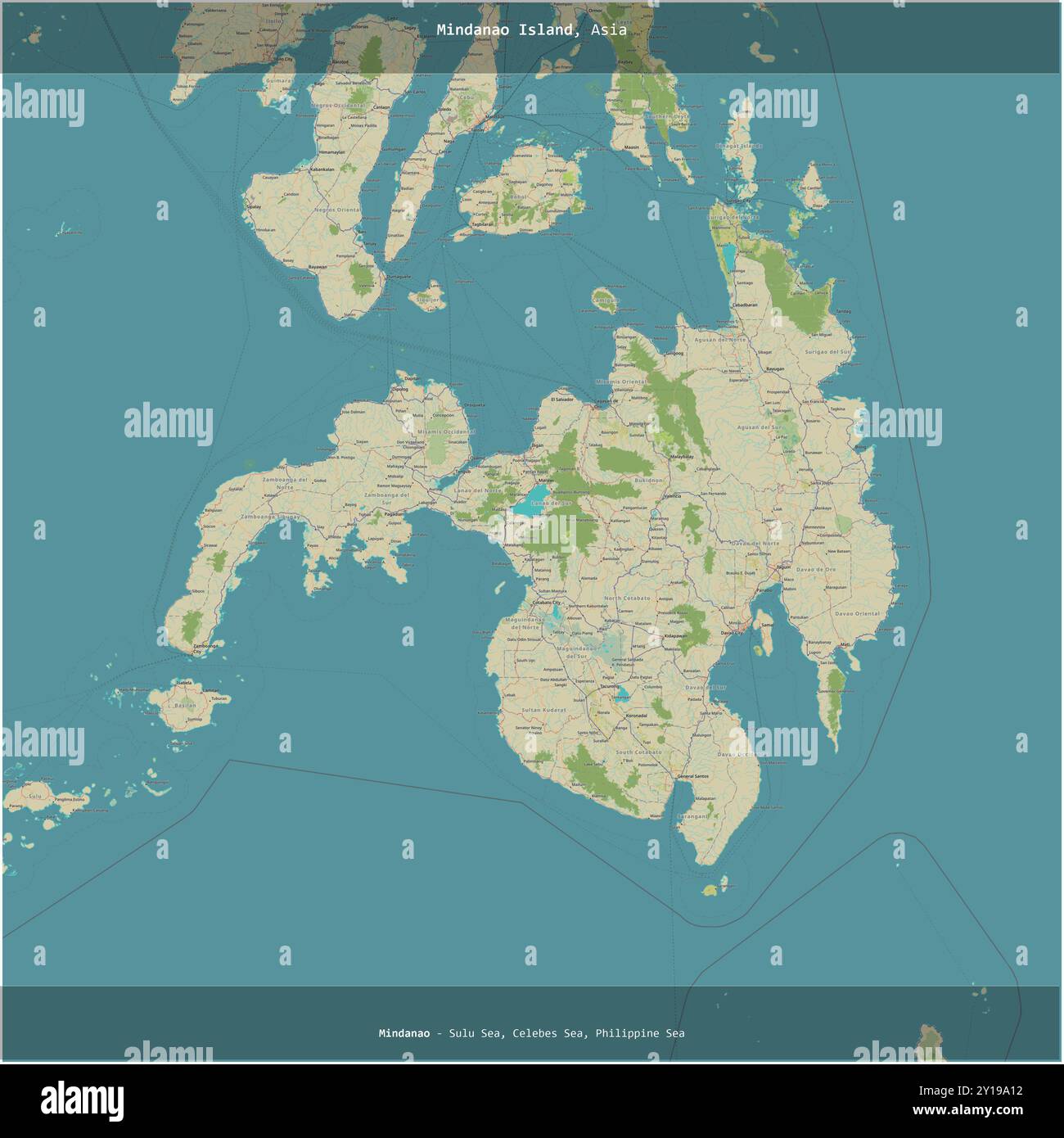 Mindanao Island in the Sulu Sea, belonging to Philippines, cropped to square on a topographic ...