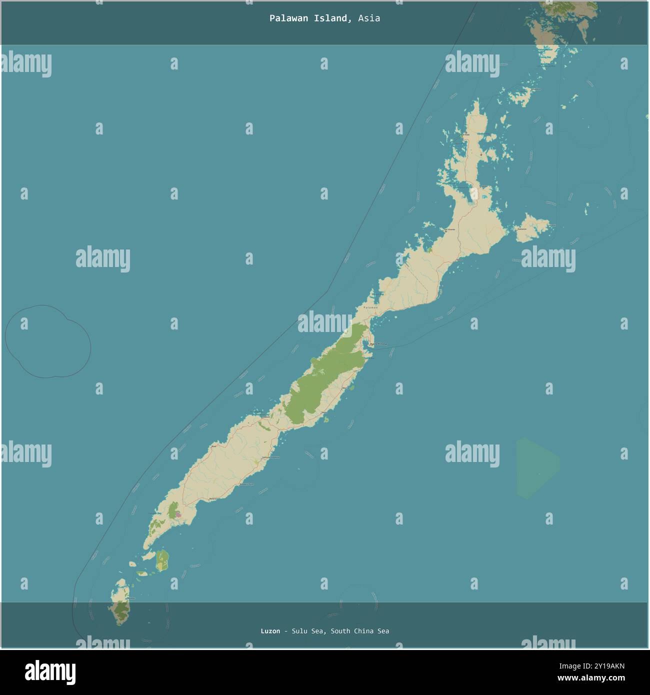 Palawan Island in the Sulu Sea, belonging to Philippines, cropped to square on a topographic ...