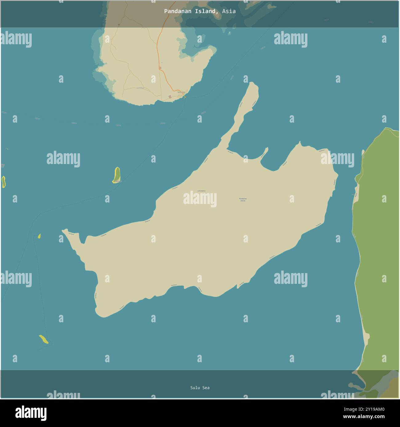 Pandanan Island in the Sulu Sea, belonging to Philippines, cropped to square on a topographic ...