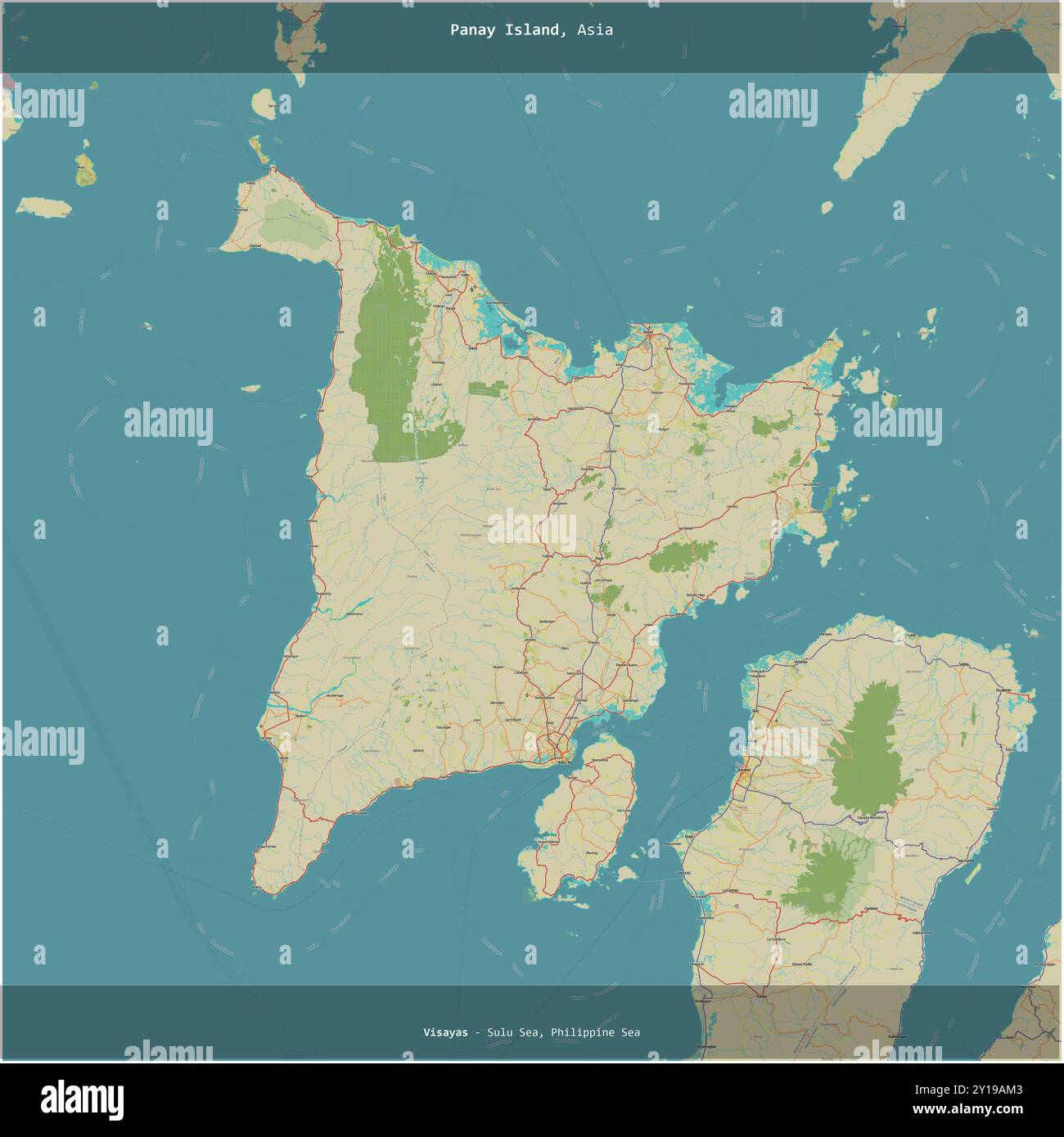Panay Island in the Sulu Sea, belonging to Philippines, cropped to square on a topographic, OSM ...