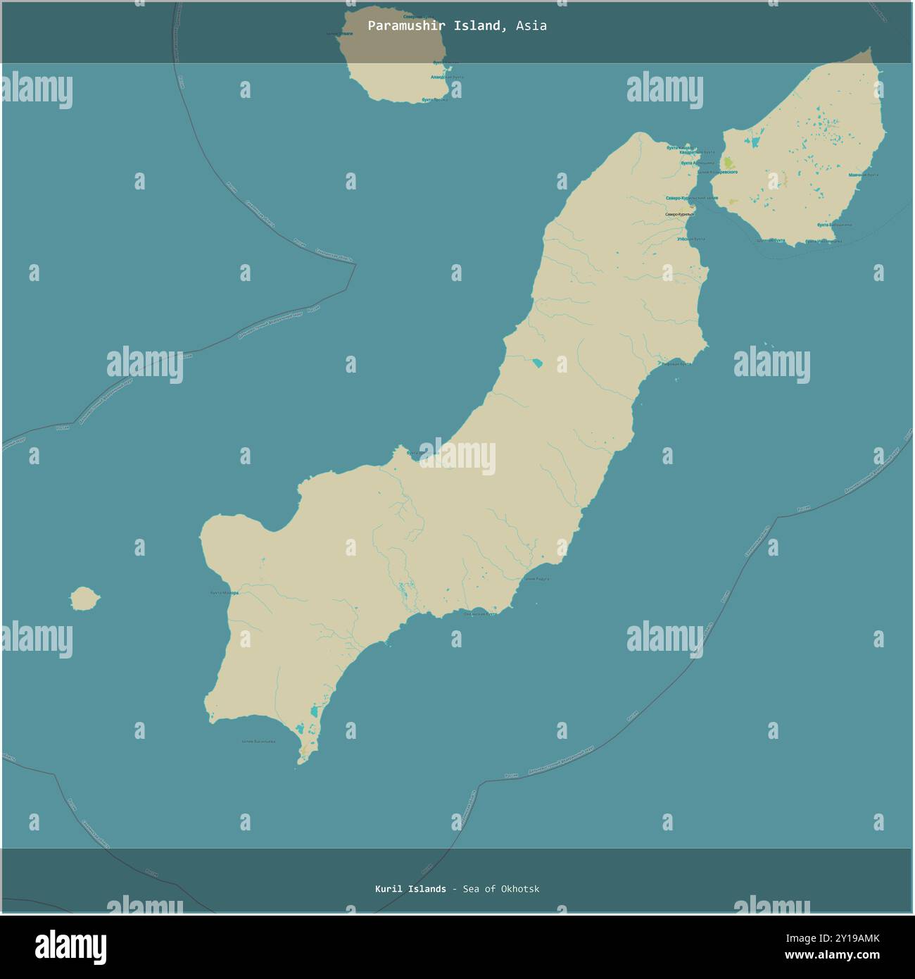 Paramushir Island in the Sea of Okhotsk, belonging to Russia, cropped ...