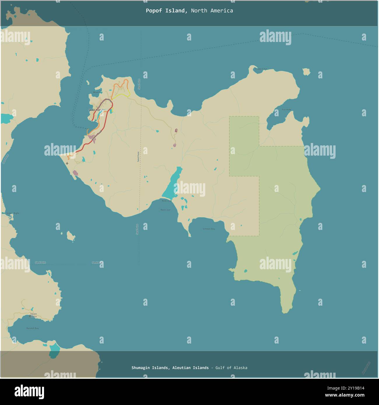 Popof Island in the Gulf of Alaska, belonging to United States, cropped ...