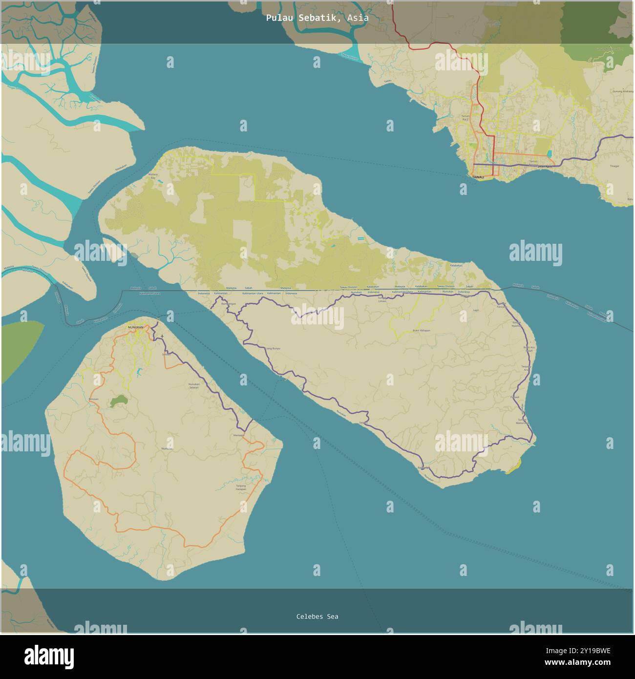 Pulau Sebatik in the Celebes Sea, shared between: Malaysia, Indonesia ...