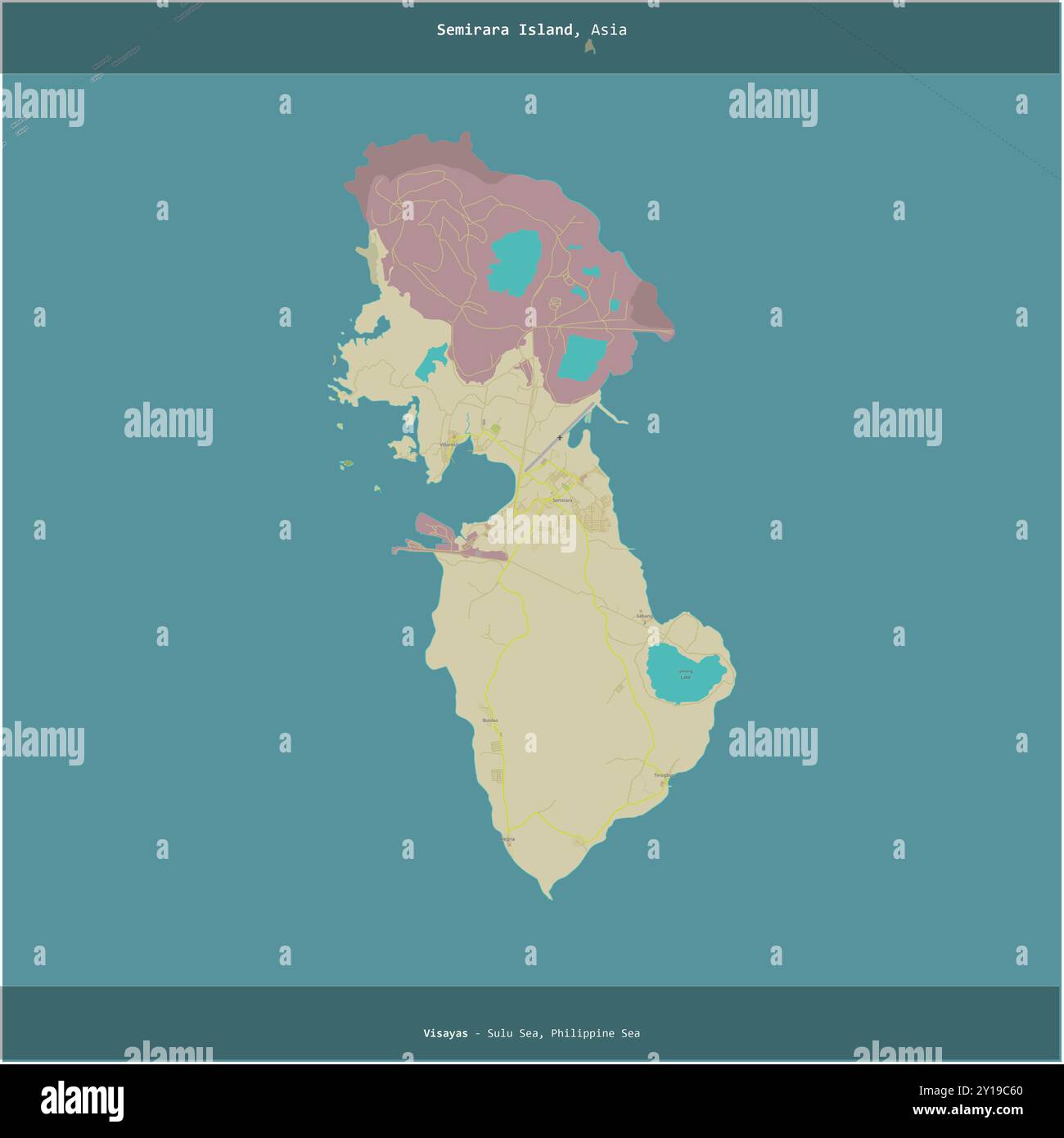 Semirara Island in the Sulu Sea, belonging to Philippines, cropped to square on a topographic ...